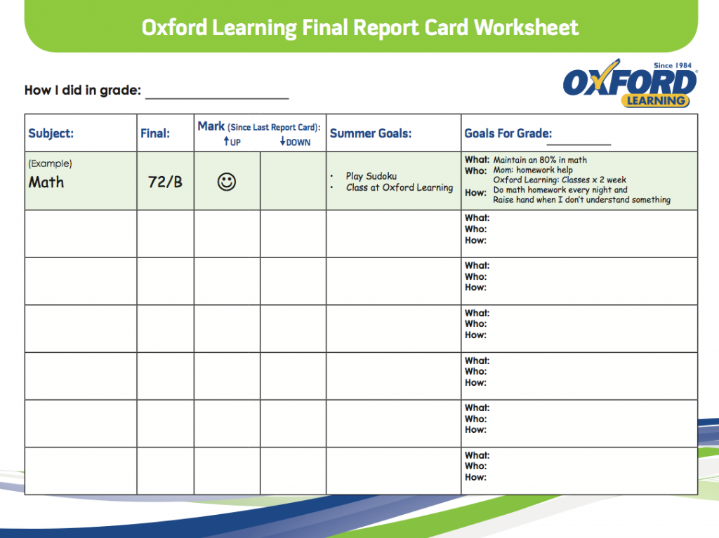 Report Card Worksheet - Oxford Learning